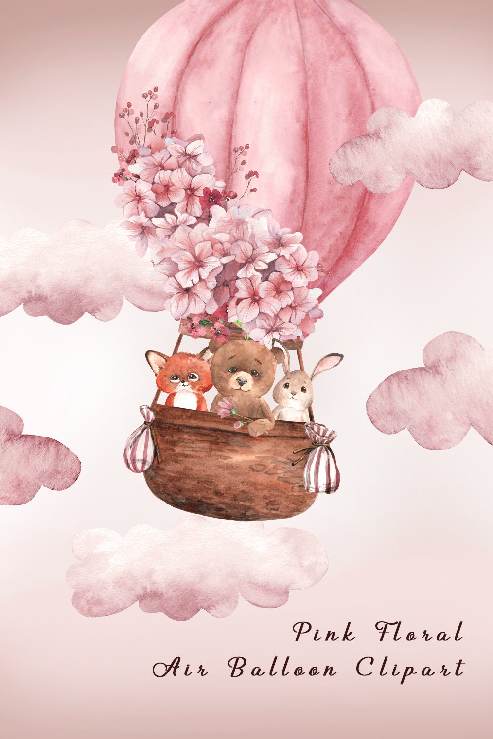 Watercolor Pink Floral Balloon and Animals Clipart in PNG
