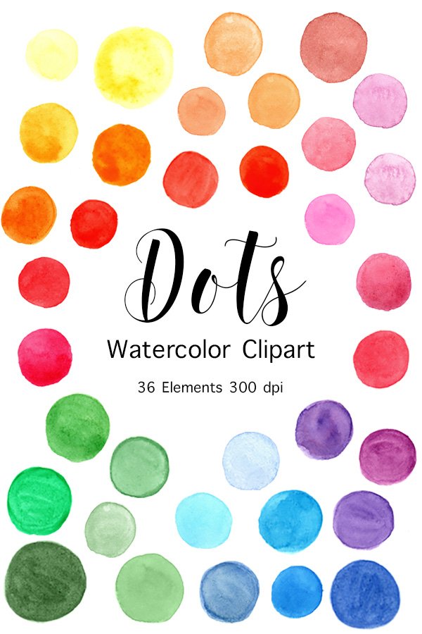 Watercolor Dots Clipart, 36 Dots, Hand Painted
