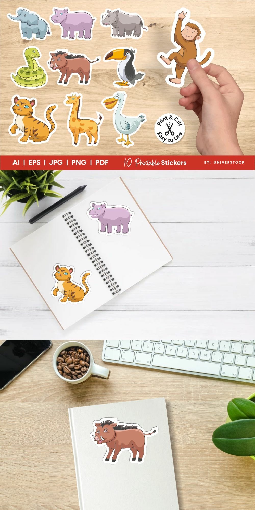 Cute Jungle Animals Printable Stickers, Printable Stickers