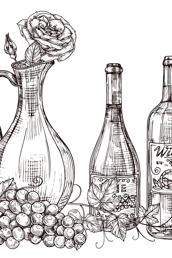 Hand drawn wine decanter with roses, wine bottles, grape vec