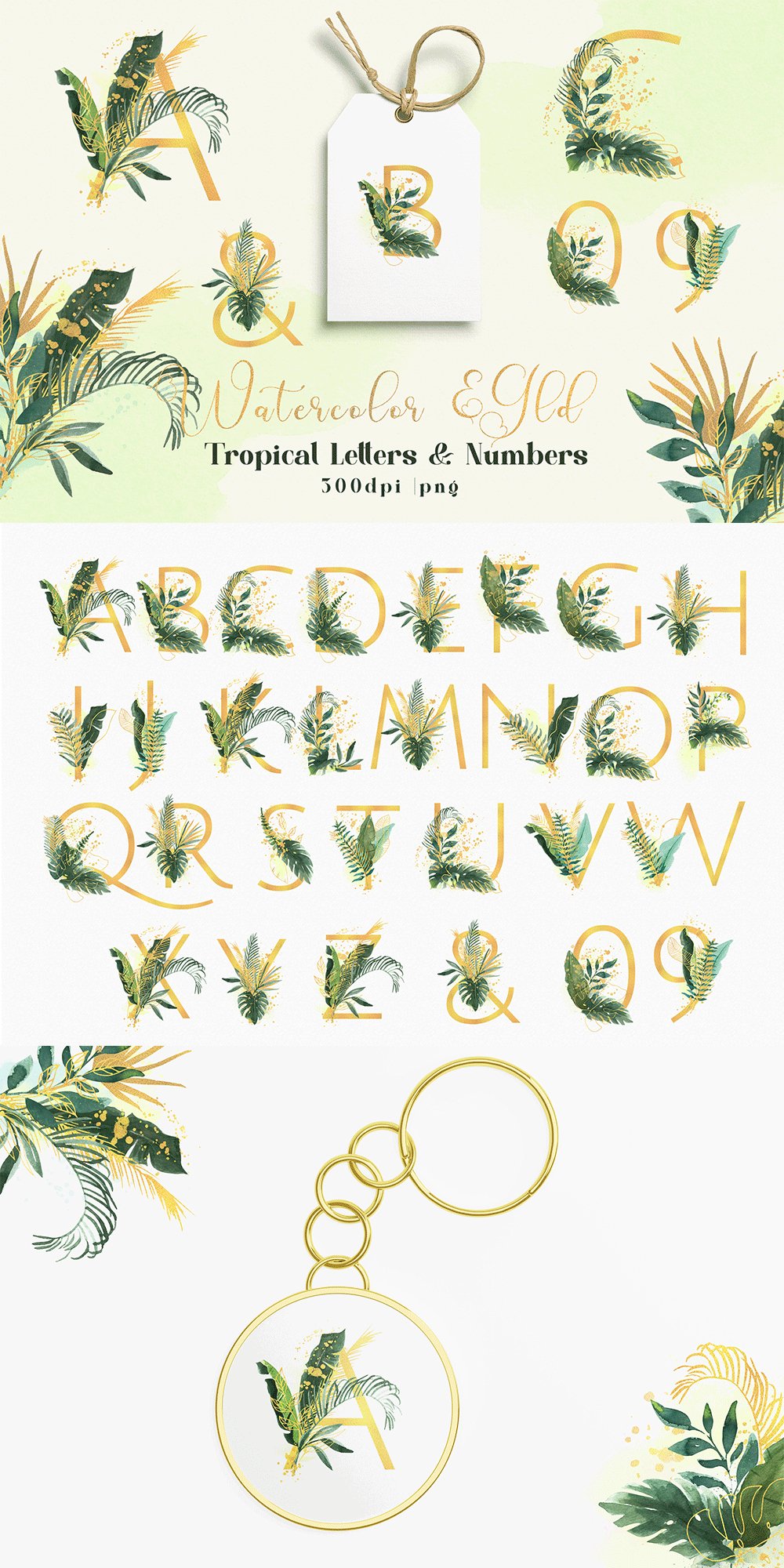 watercolor and Gold letters and number with Tropical leaves