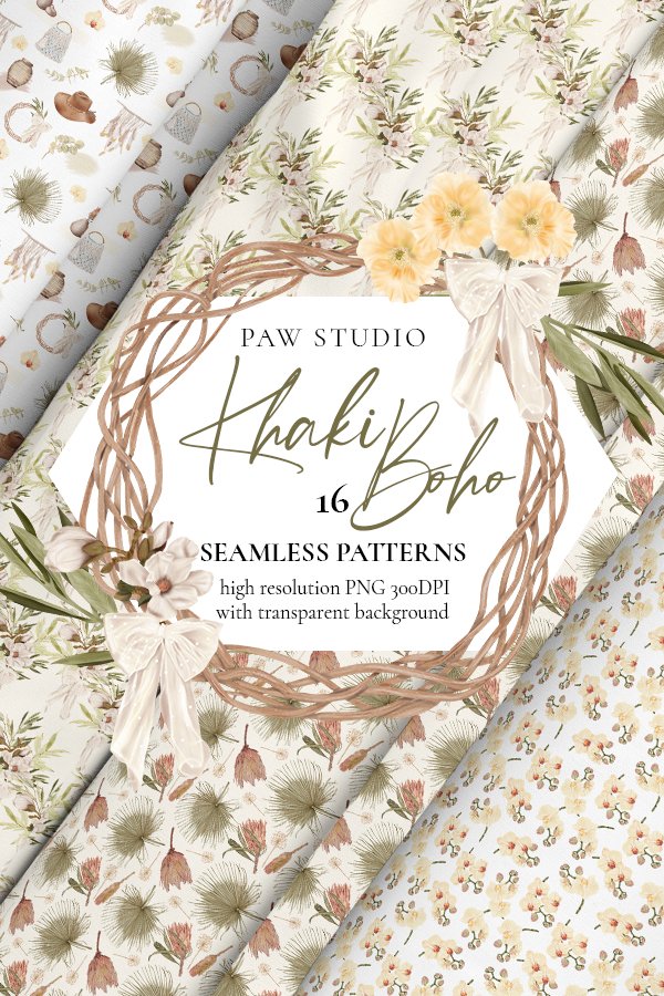 Boho Seamless Patterns Flowers Leaves Transparent Background