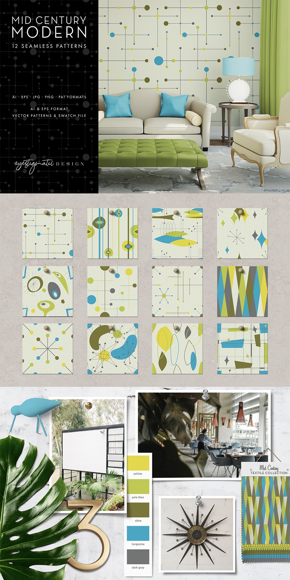 12 Seamless Mid Century Modern Patterns - Set 1