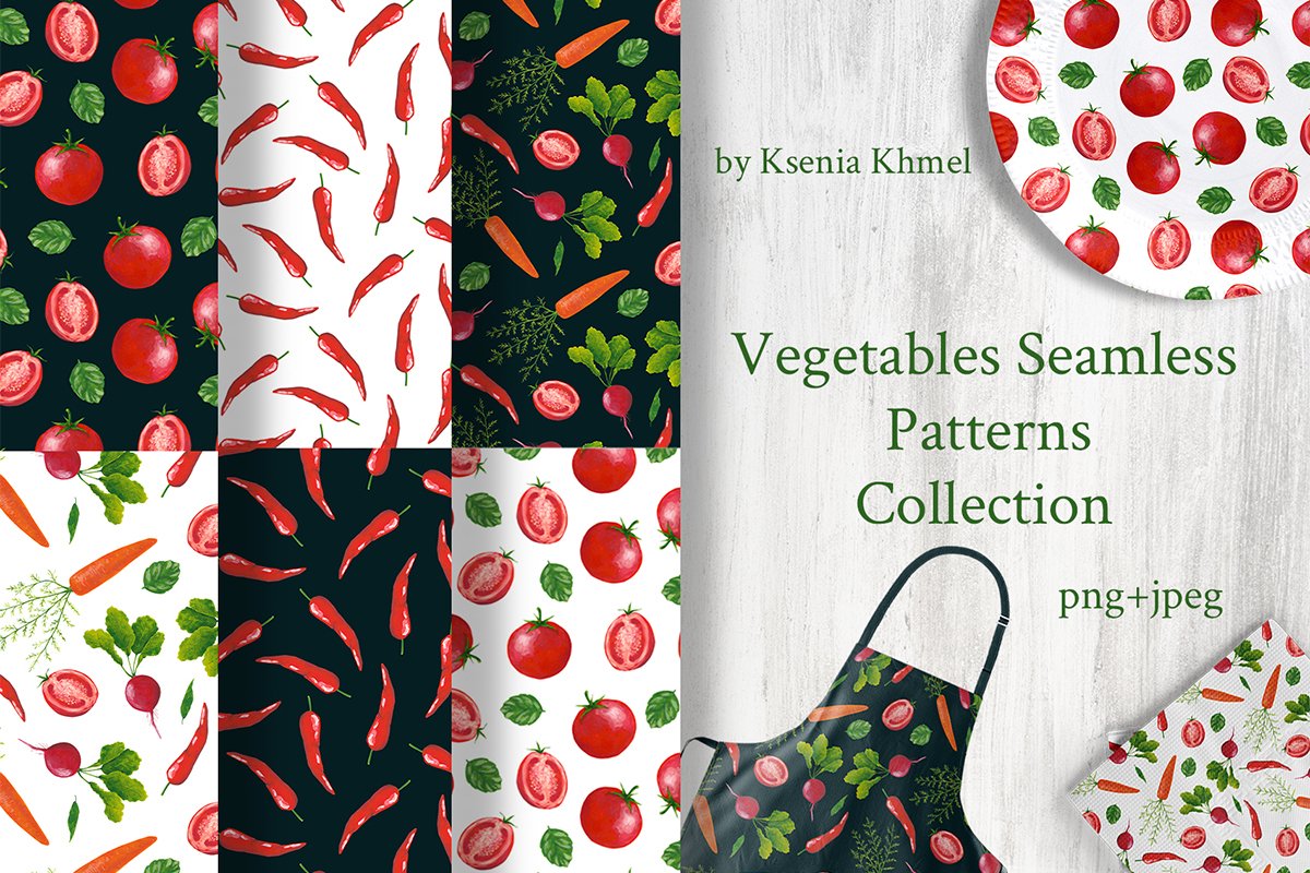 Vegetables six seamless patterns collection. (1429617)