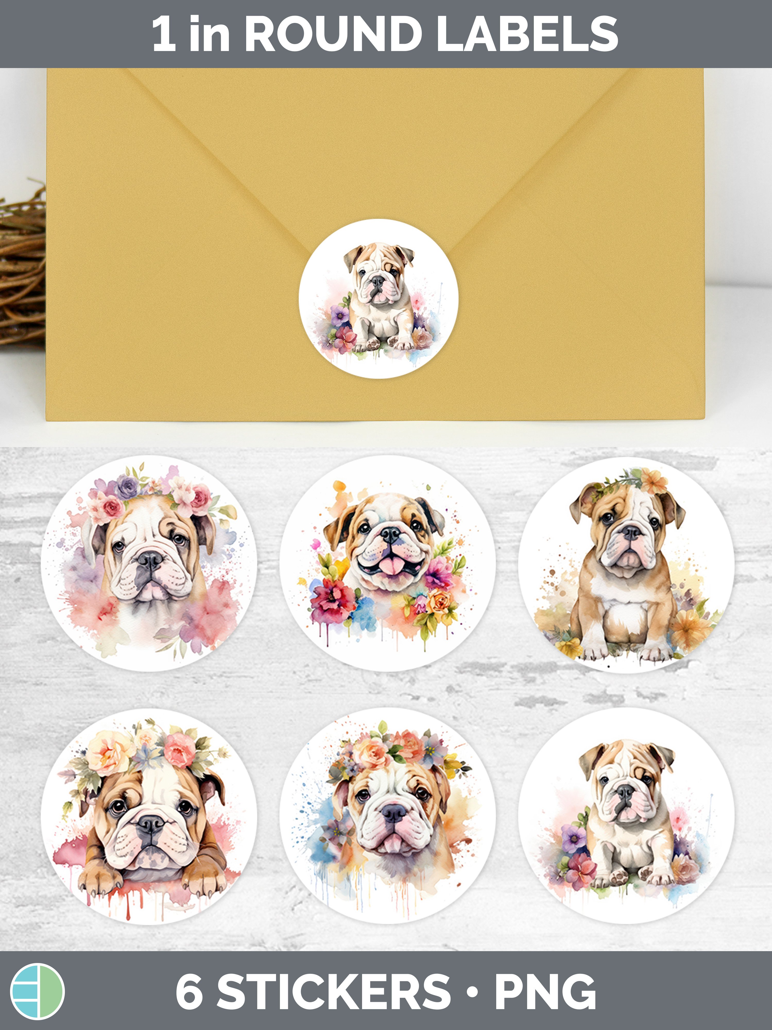 Watercolor Bulldog Dog Stickers | Round Labels Designs Bundl