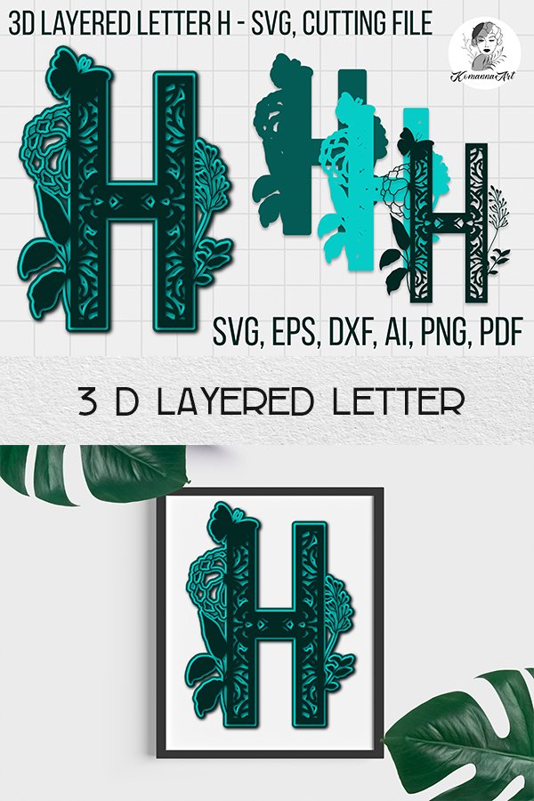 3D Layered SVG / 3D letter H SVG / Letter H Cut File.