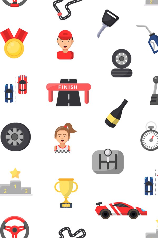 Car racing seamless pattern. Vector flat car racing icons