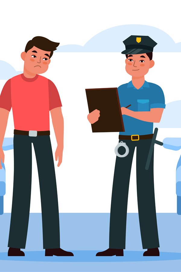 Policeman write fine. Police officer in uniform writing pena