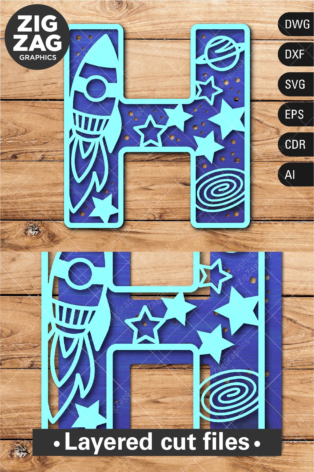 layered kids letter H with space rocket astronaut and stars