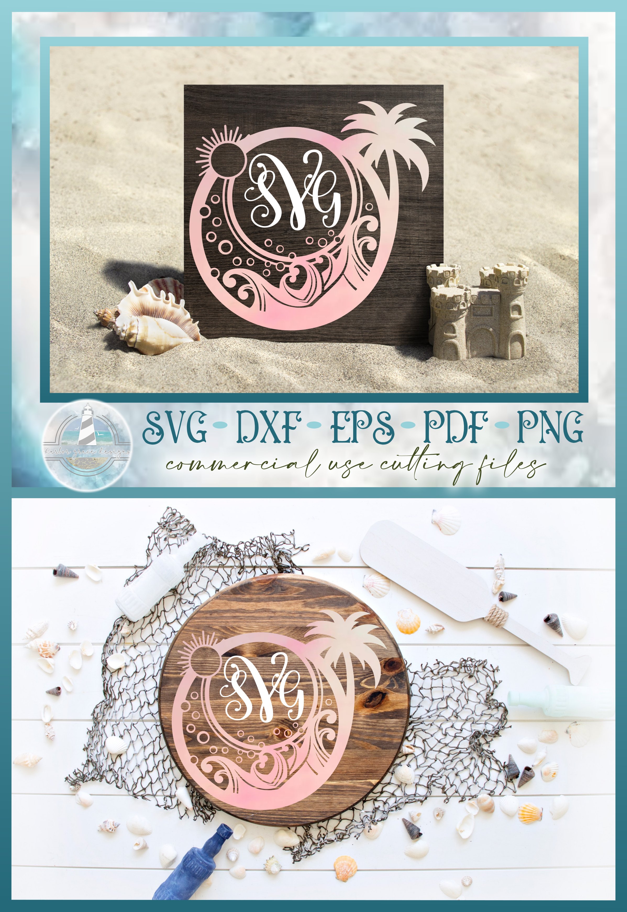 Round Beach Palm Tree Waves Sun Monogram Frame SVG