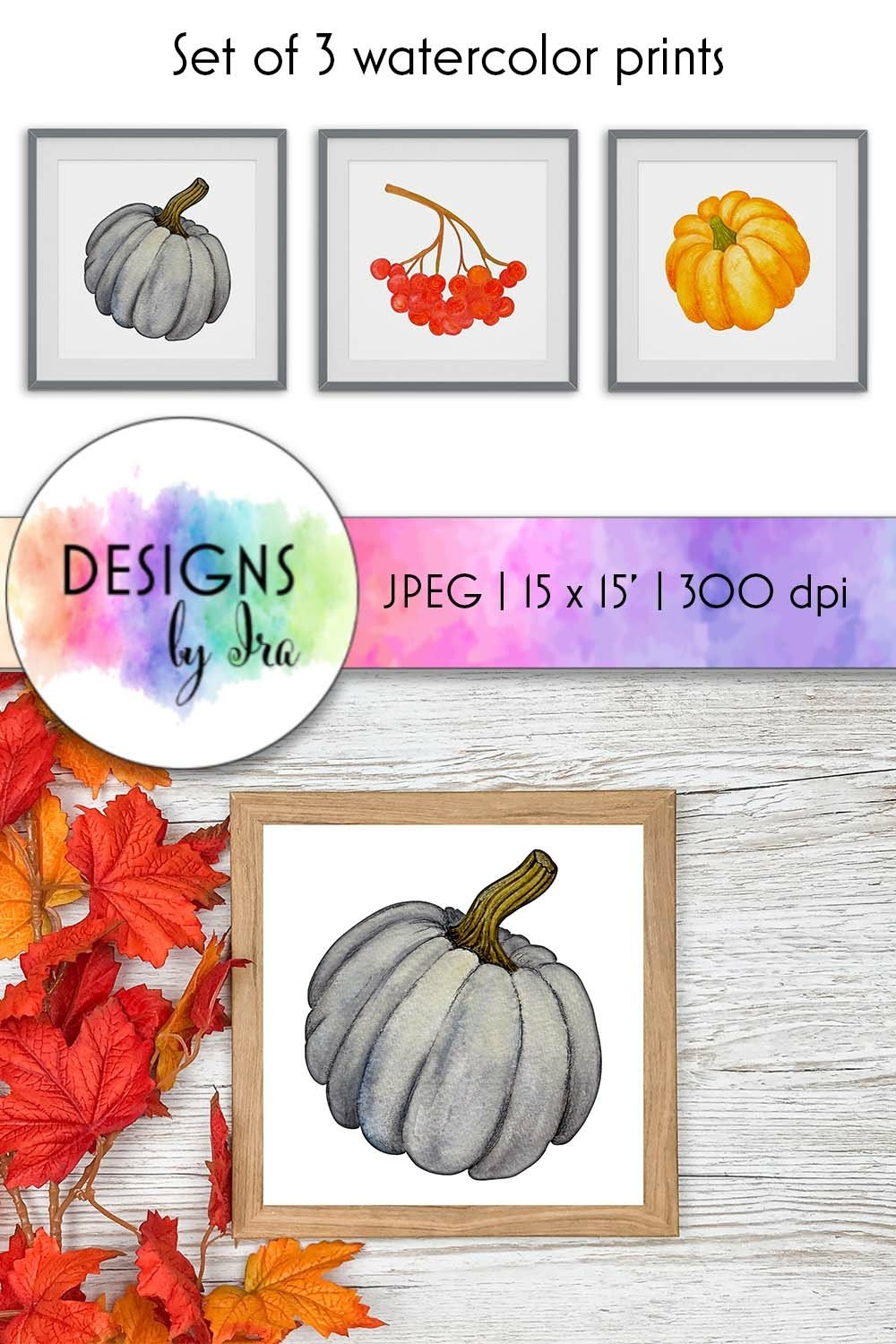 Set of 3 watercolor prints, autumn wall printable