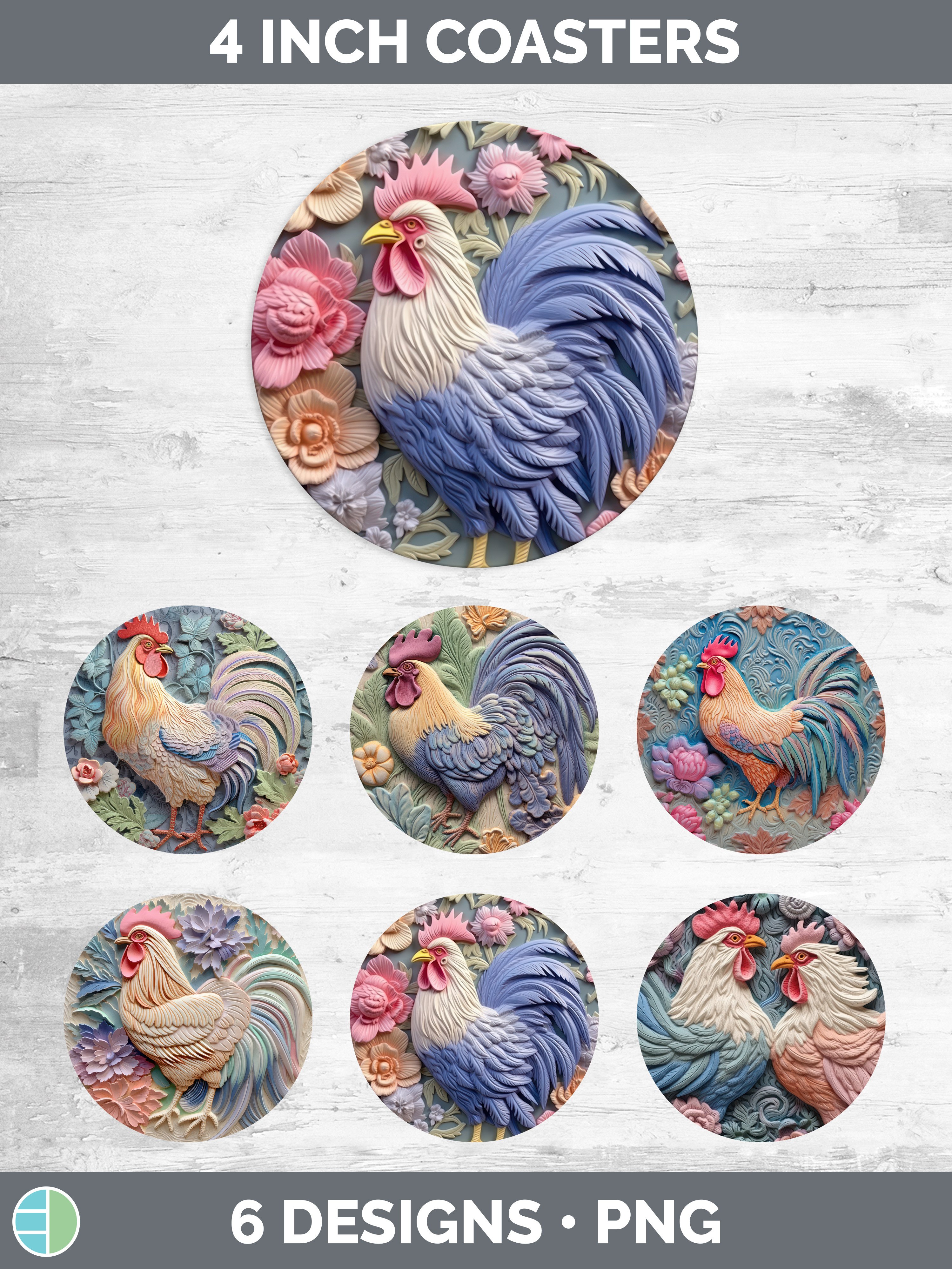 3D Chicken Round Coaster | Sublimation Coaster Designs Bundl
