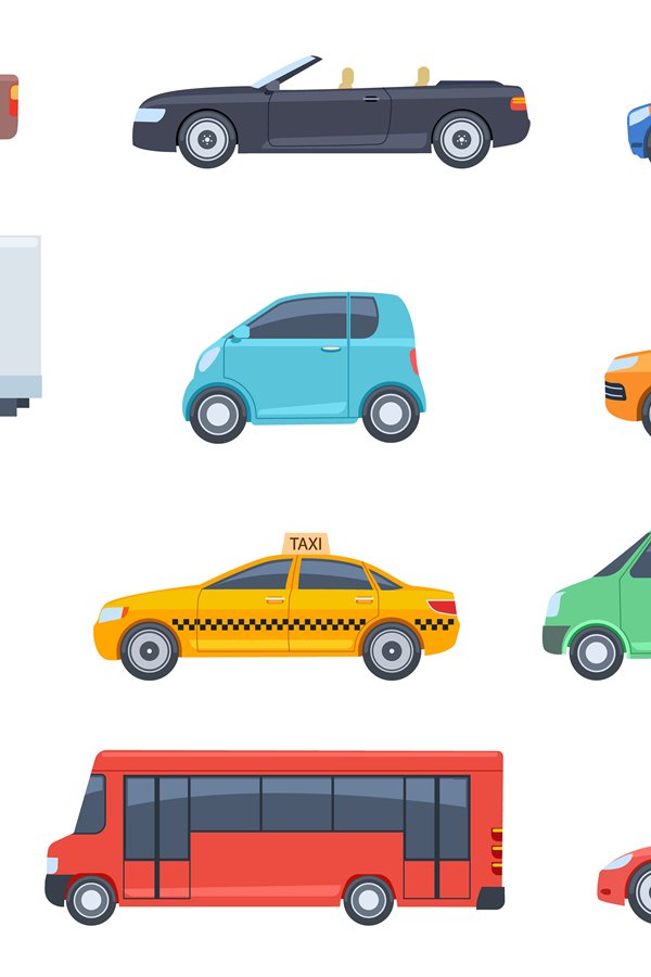 Flat cars set. Taxi and minivan, cabriolet and pickup. Bus a
