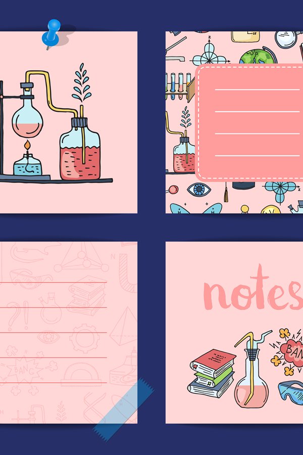 Vector notes templates set with sketched science or chemistr