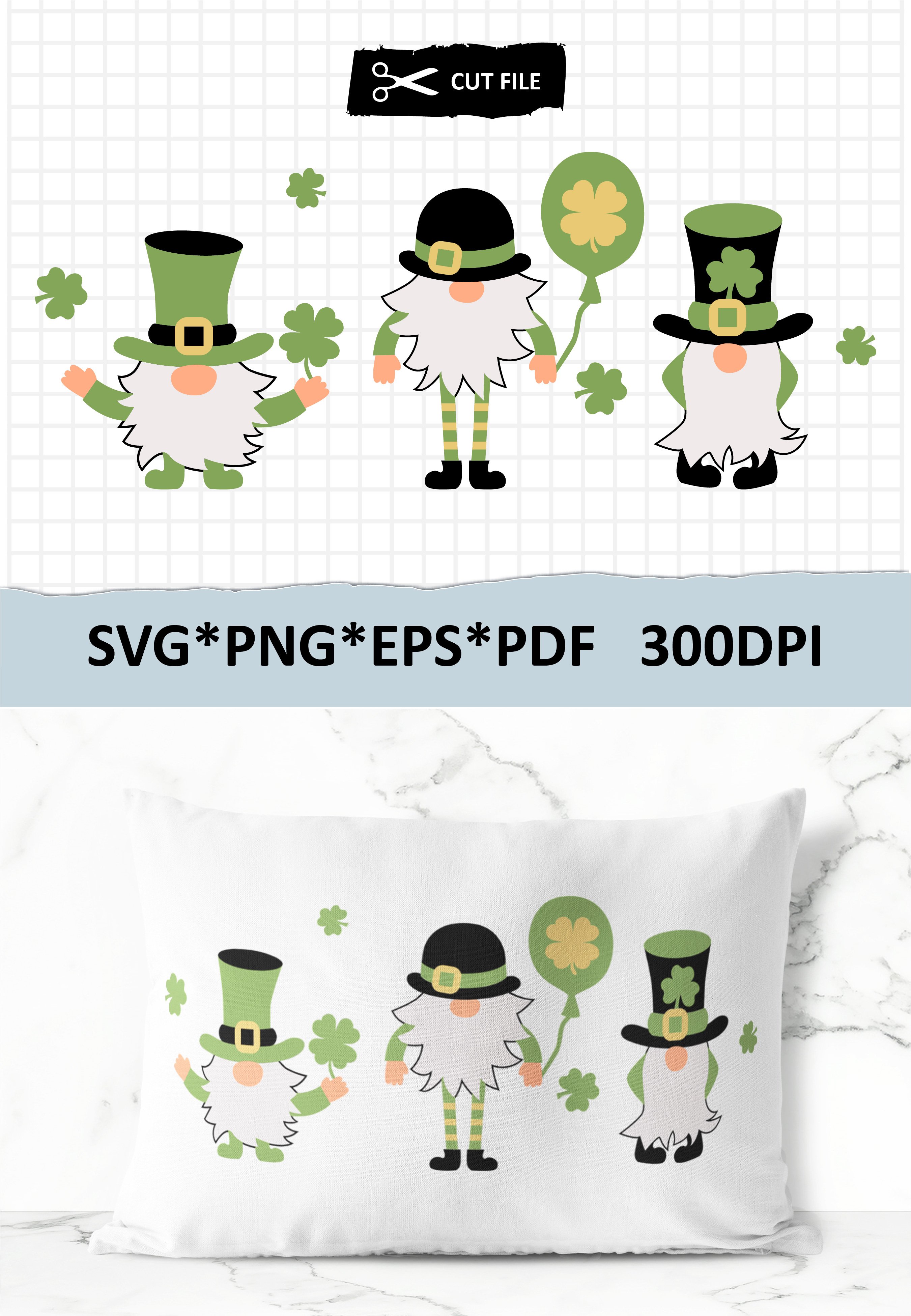 Three St Patrick's day gnomes with clover and irish hats.