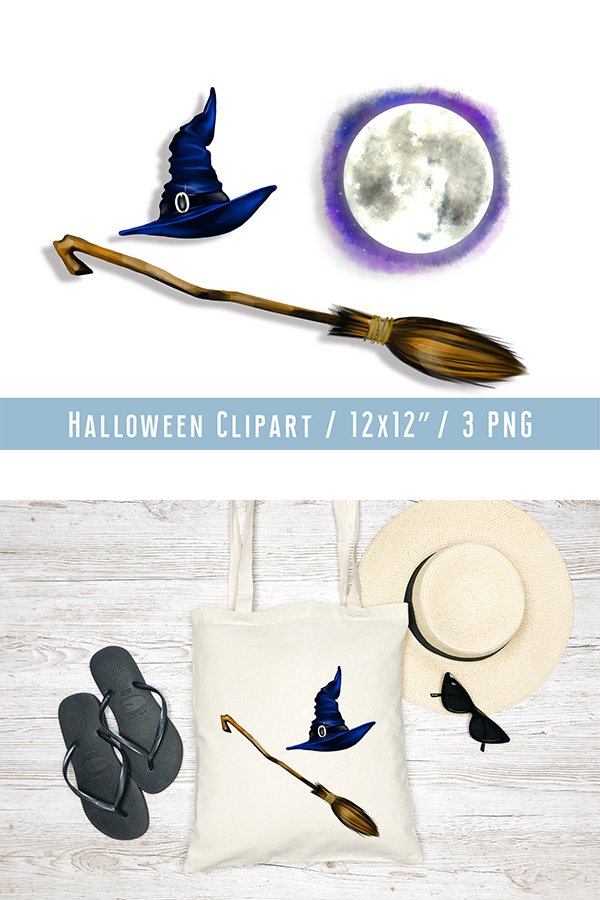 Halloween Clipart Witch's Broom Witch's Hat Moon PNG