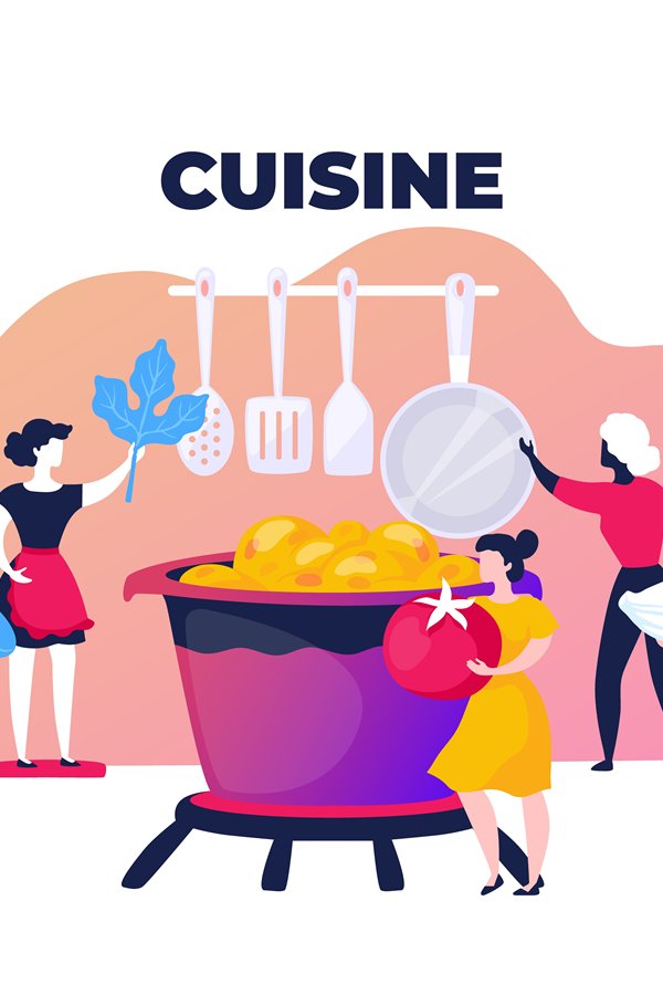 Cooking food concept. Adult cartoon trendy characters bringi