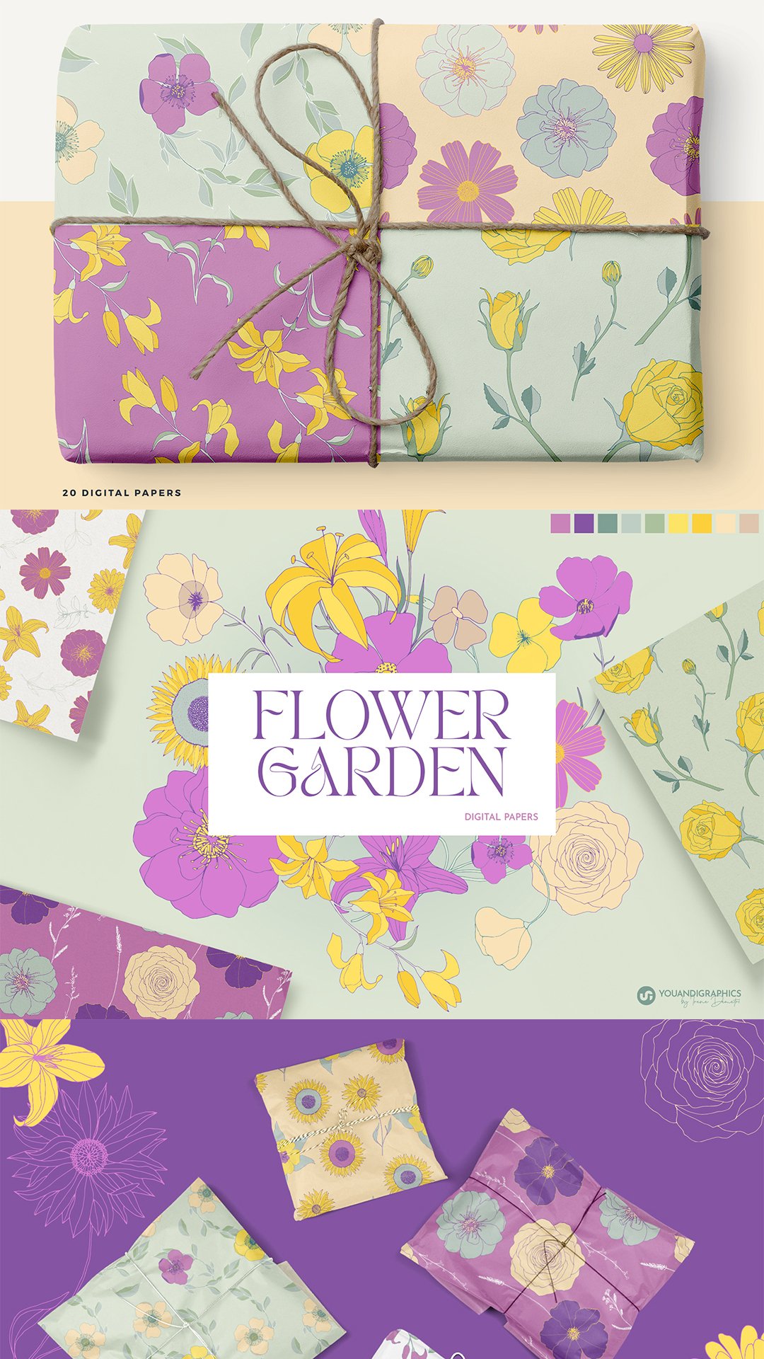 Flower Garden Digital Papers, Floral hand drawn patterns