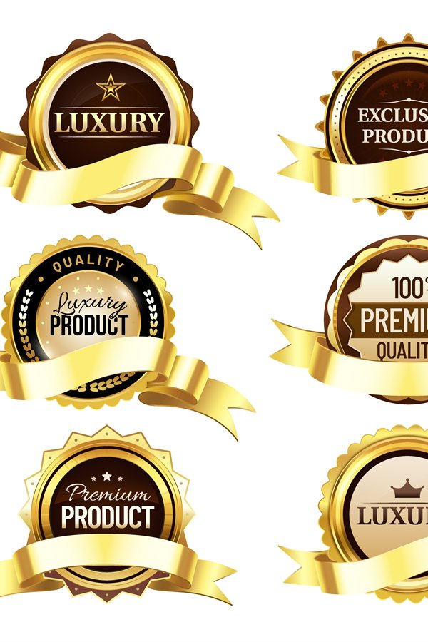 Luxury golden badges with tapes or ribbons. Reward for premi