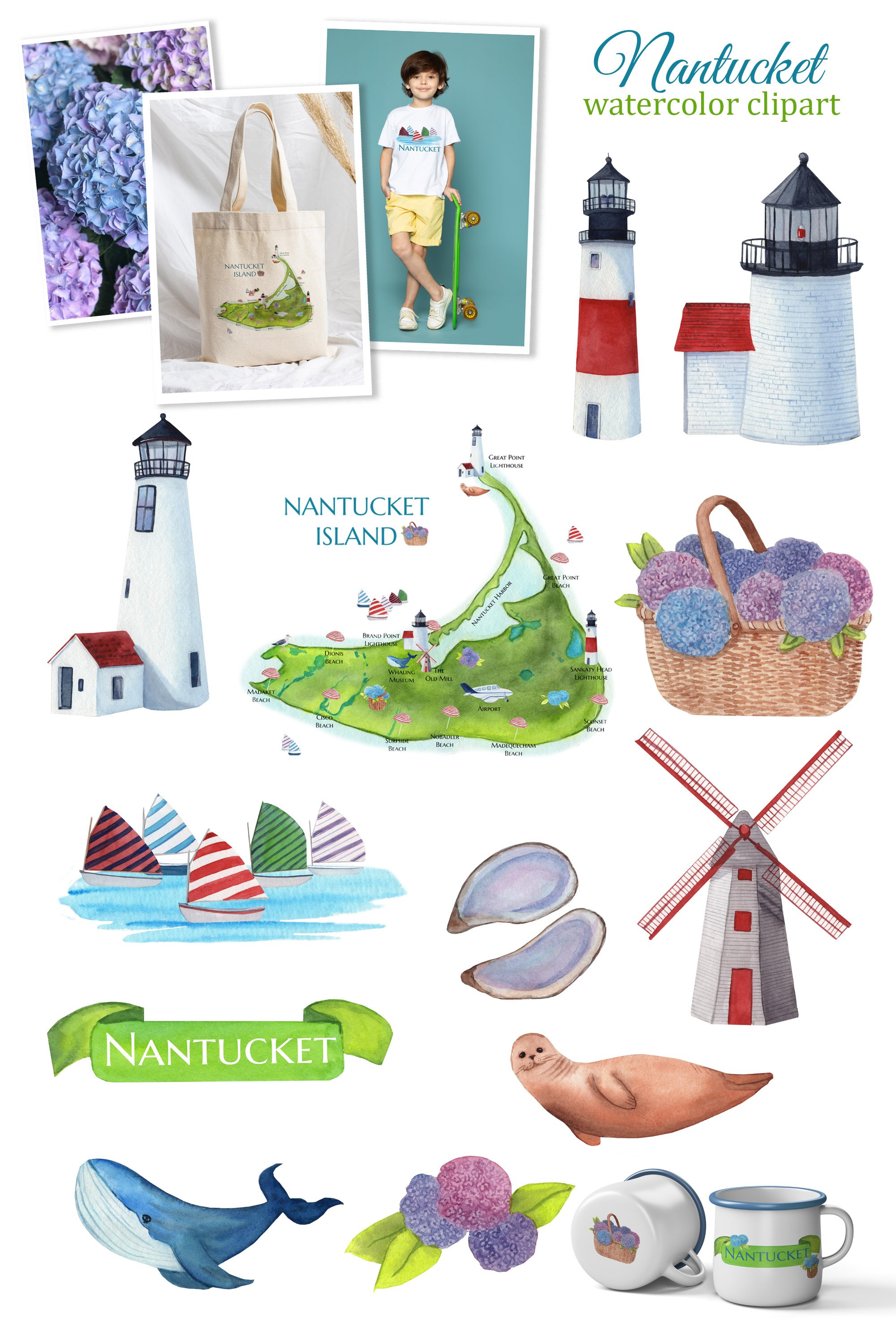 Nantucket Island watercolor clipart, map poster, lighthouse