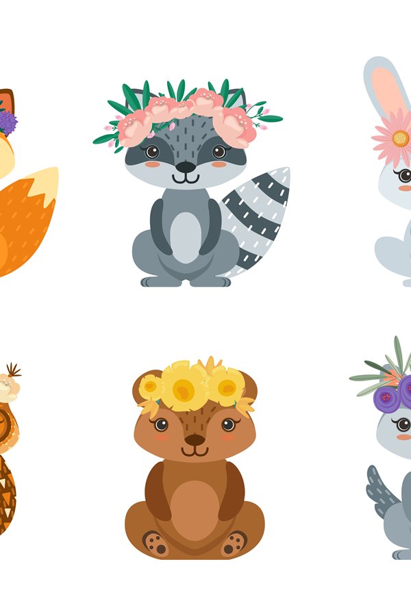 Spring animals. Funny animal floral wreath, cartoon wild cha