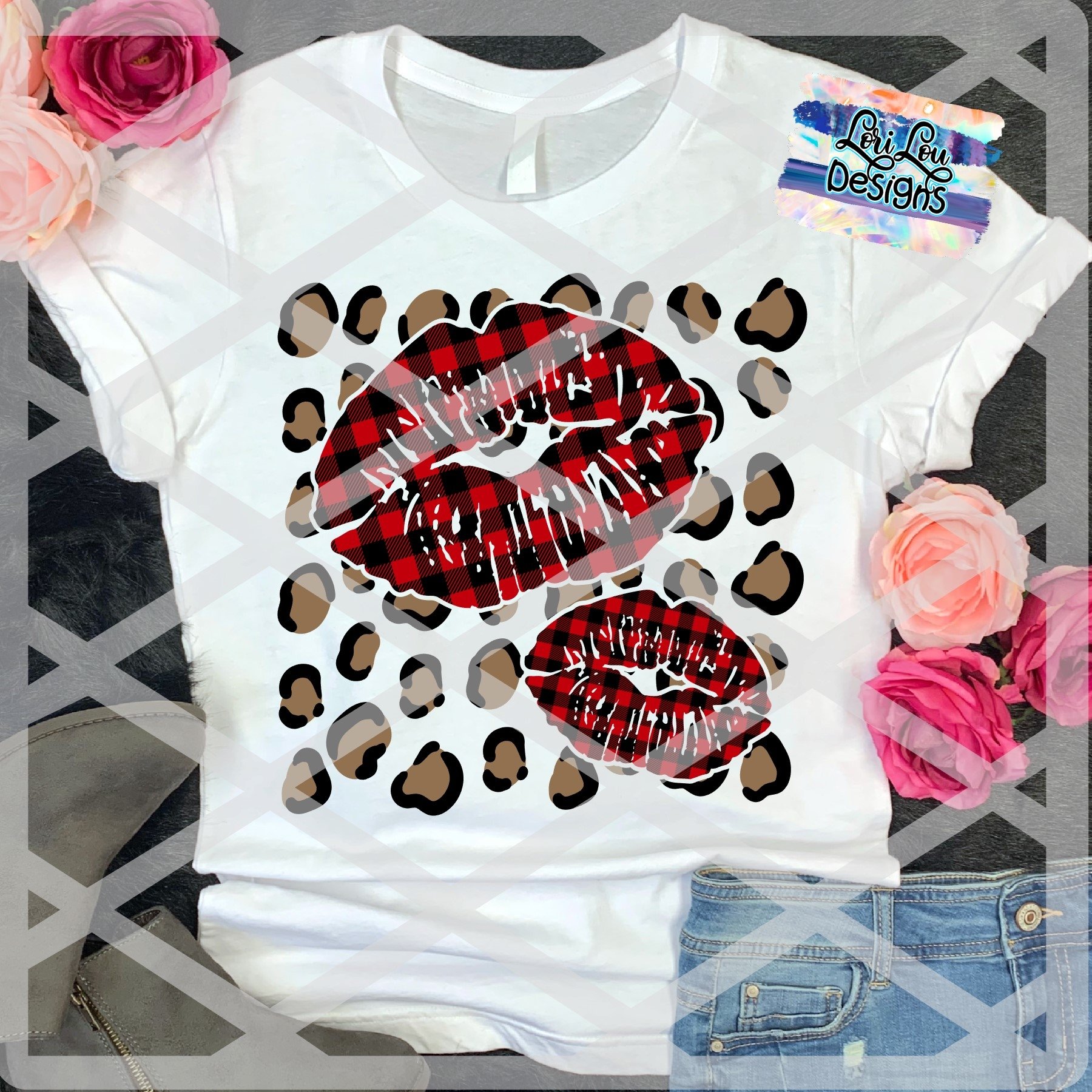 Buffalo Plaid Lips Leopard Background Valentine PNG File