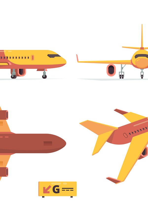 Aircraft flat. Civil aviation planes different views fly sym