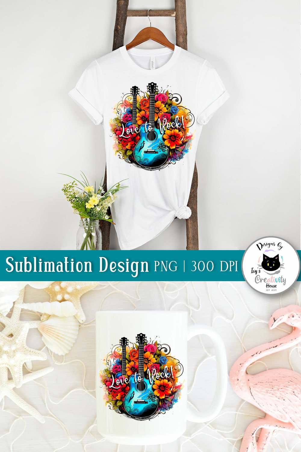 Love To Rock Music PNG | Floral Guitar Sublimation Design