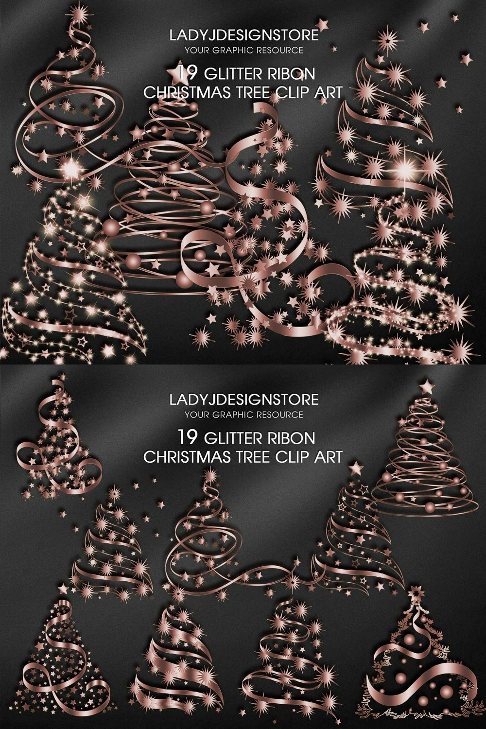 Rosegold Ribbon Sparkle Christmas Tree Clip Art PNG format