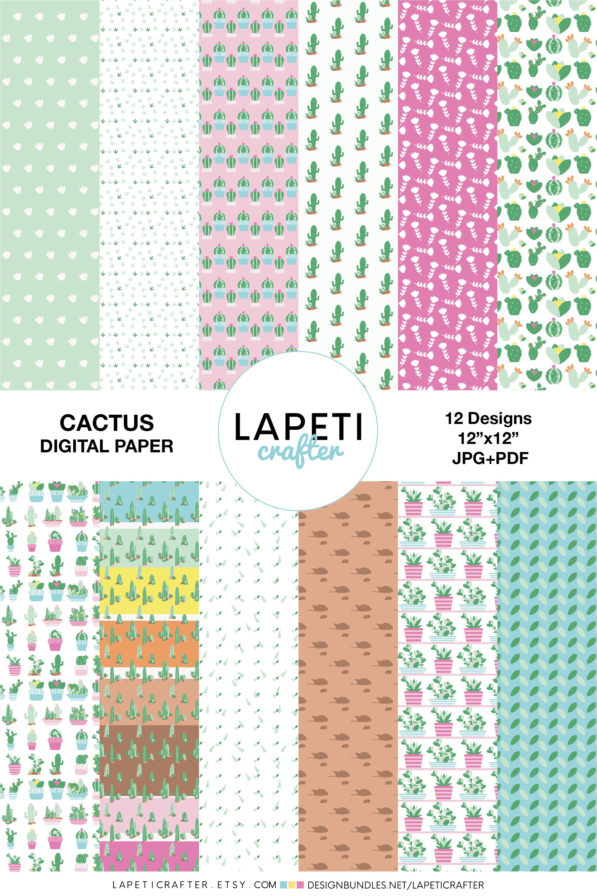 Cactus Digital Paper For Scrapbooking or Party Decorations