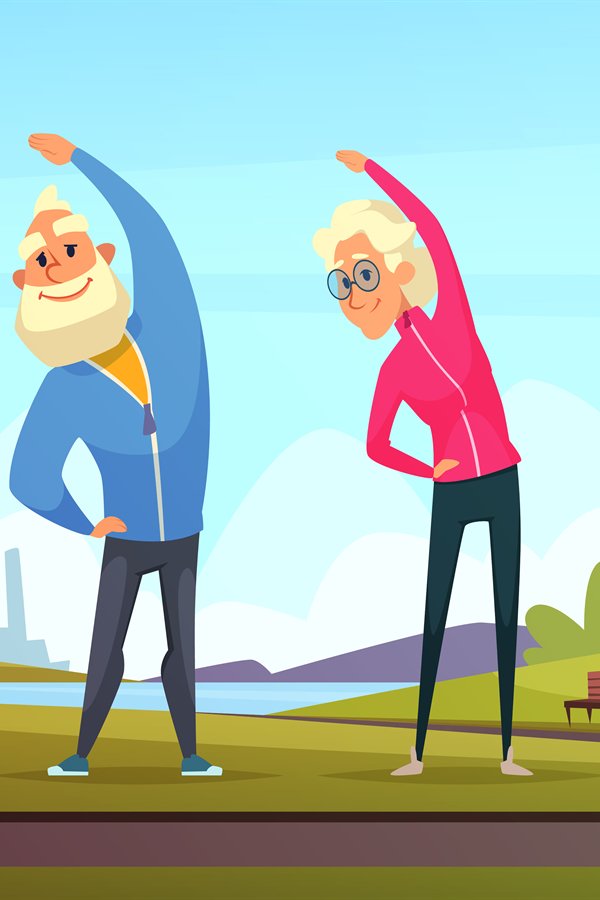 Elderly couples make some sport exercises in the public gard