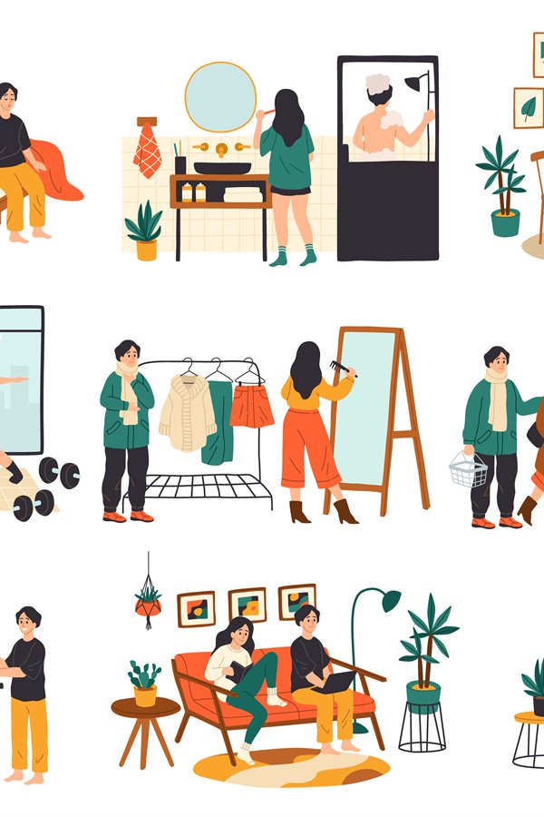 Couple daily life routine. Family everyday activities colorf