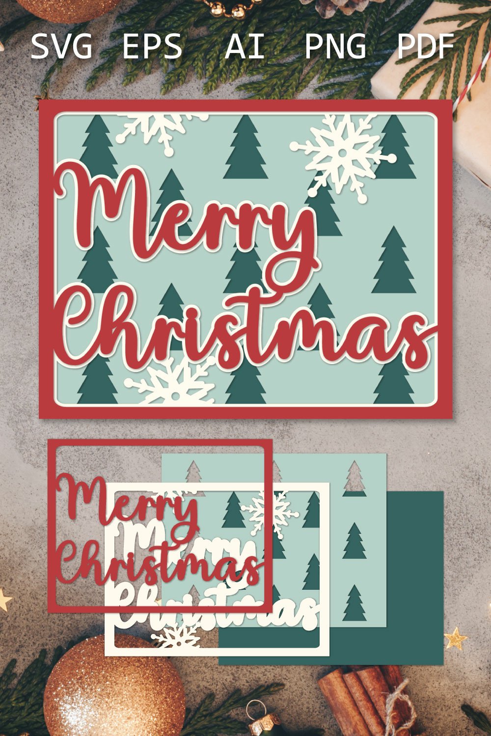 Christmas 3D card, Merry Christmas layered papercut template