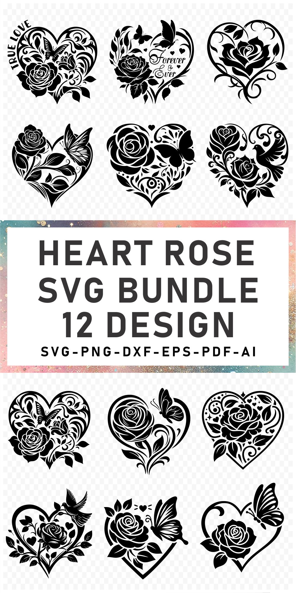 Heart Rose SVG Bundle, Valentines Day SVG, Wedding SVG