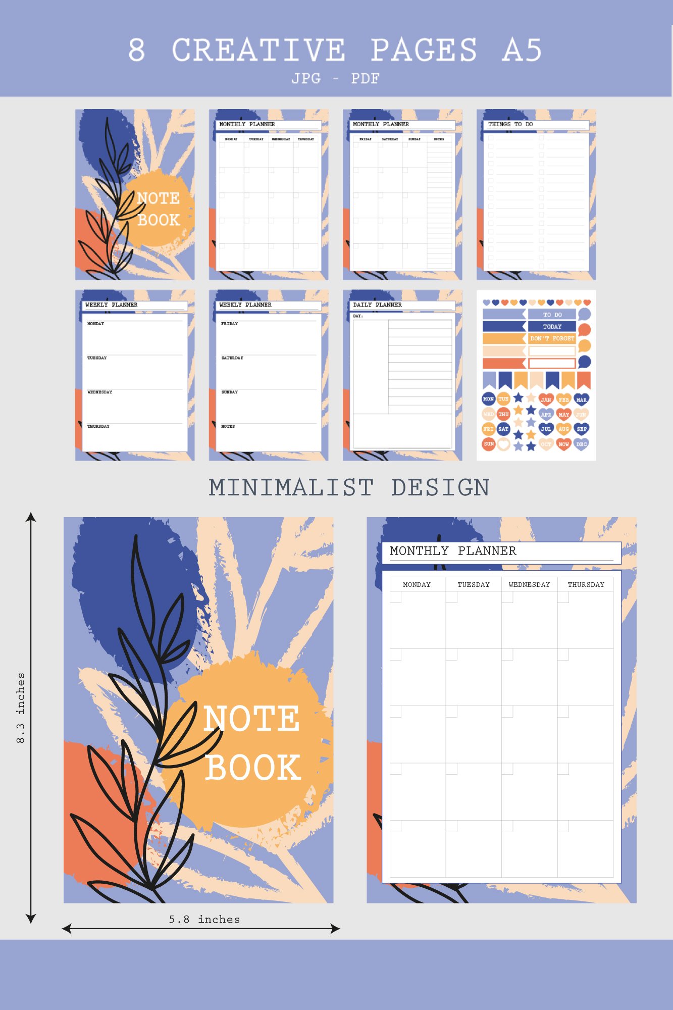 8 Notebook Planner pages A5, printable set, bullet (1232095)