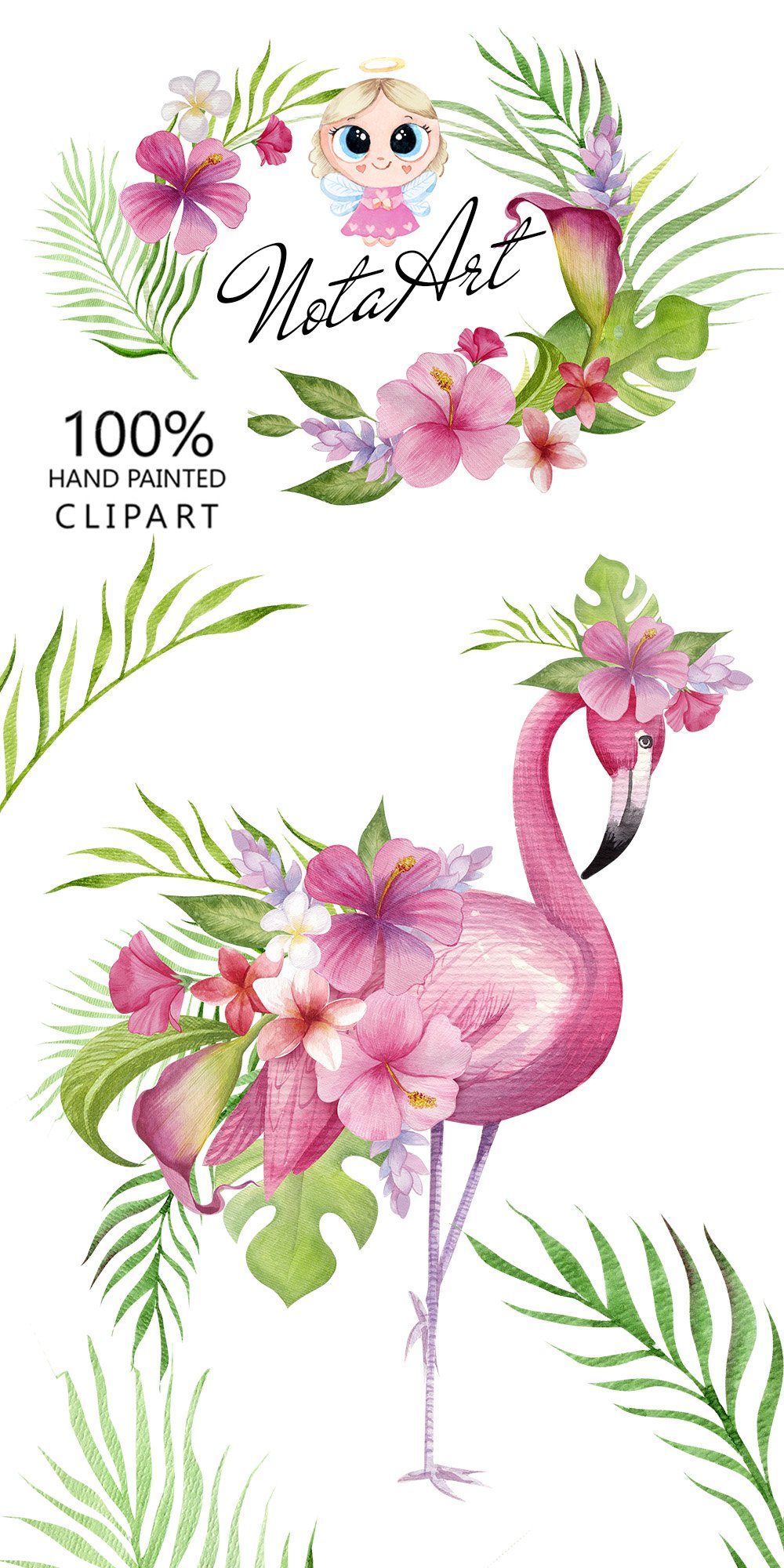 Watercolor pink flamingo with flowers clipart