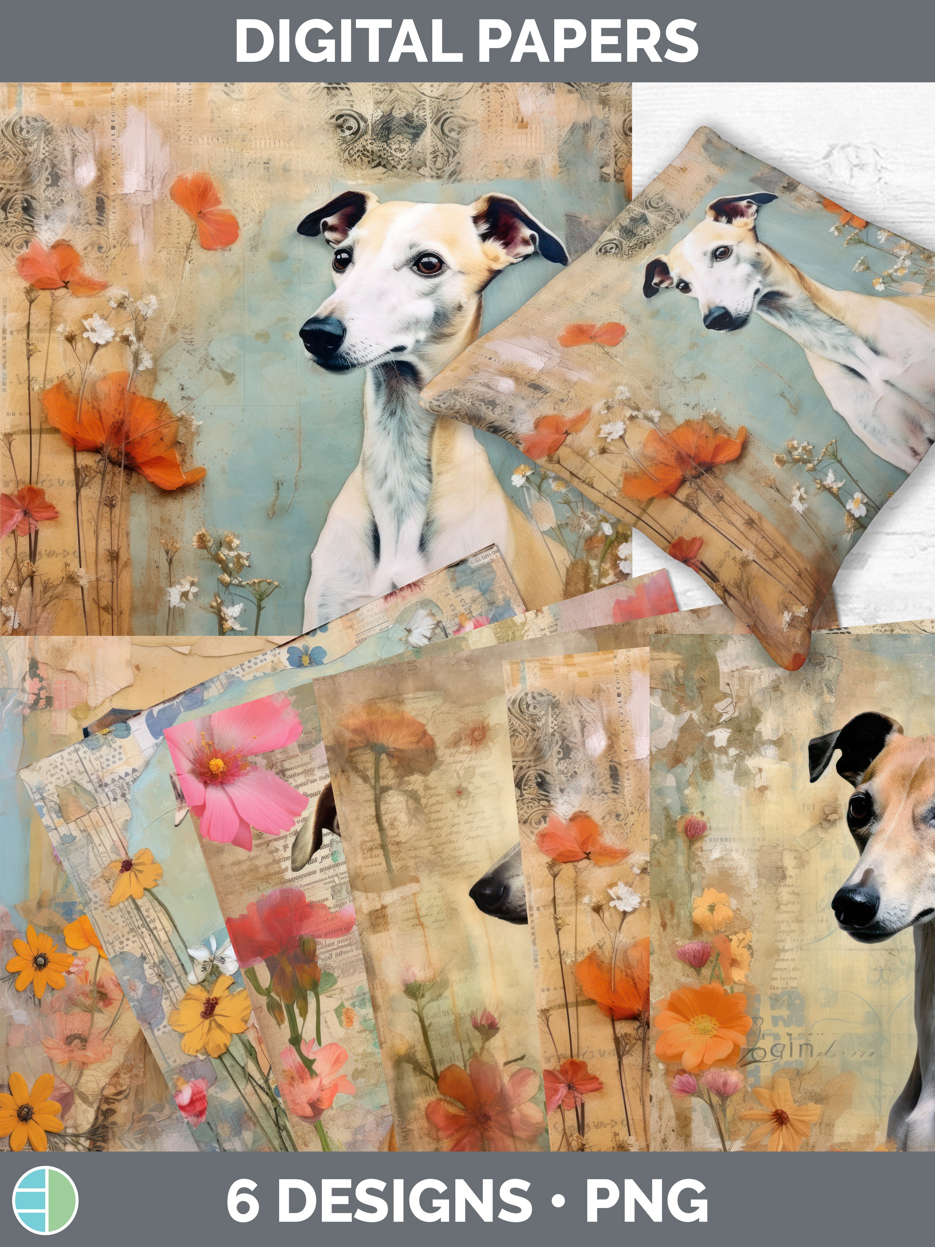 Vintage Whippet Dog Paper Backgrounds | Digital Scrapbook Pa