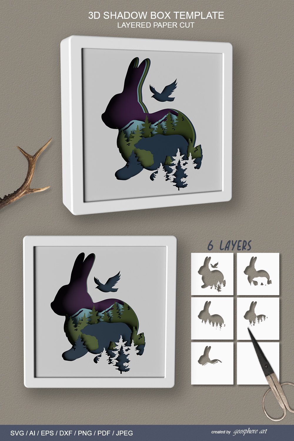 3D Bunny Shadow box. Layered papercut SVG / DXF / EPS / AI