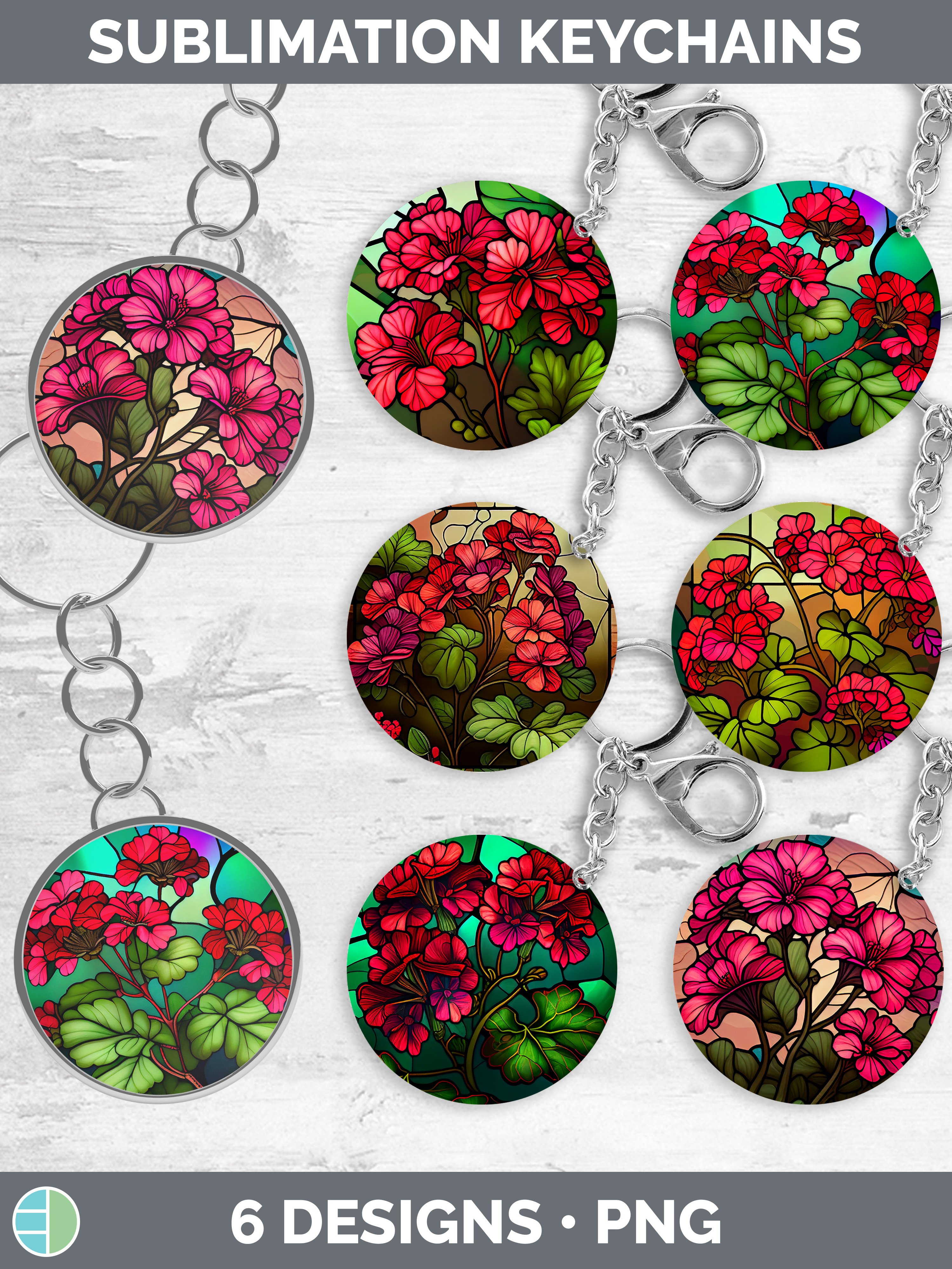 Stained Glass Geranium Flowers Keychain | Sublimation Keyrin