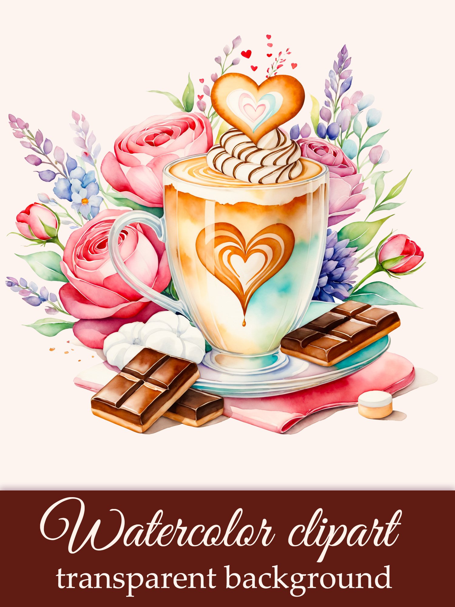 Watercolor coffee cup with hearts and chocolate, clipart Png