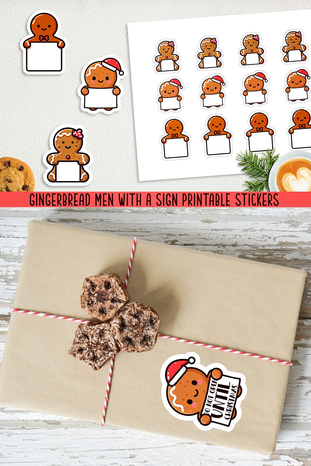 Gingerbread men with a sign printable stickers. PNG.