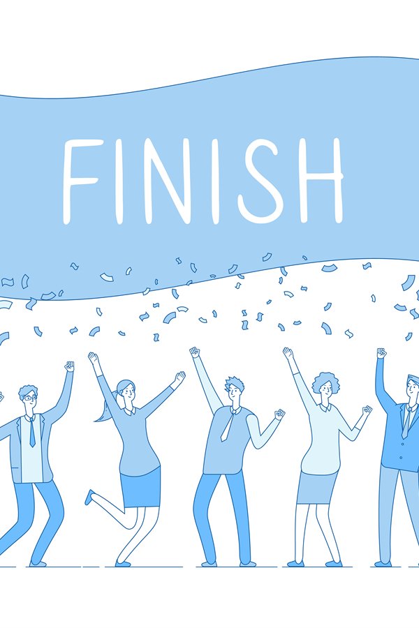 Team on finish. Business man woman celebrating successful de