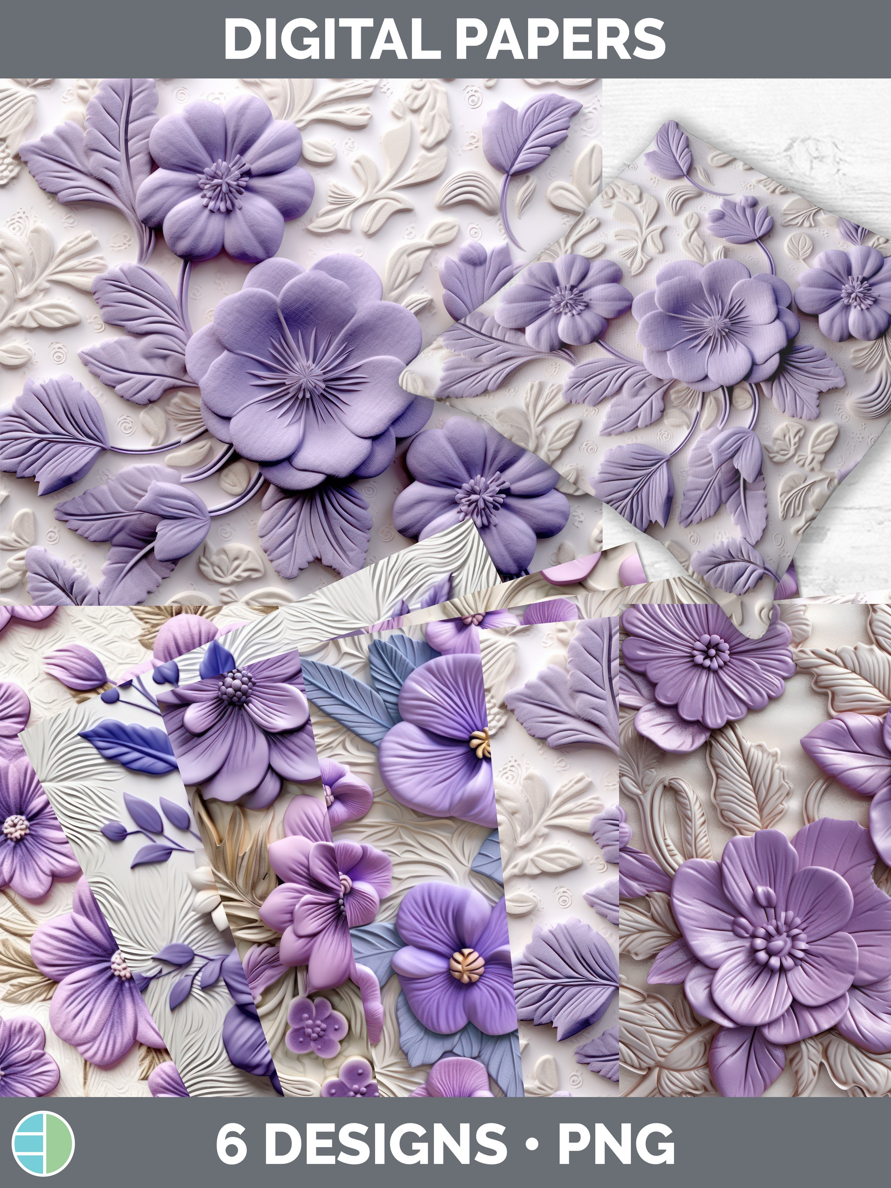3D Violet Flowers Paper Backgrounds | Digital Scrapbook Pape