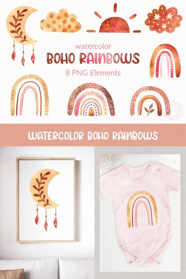 Watercolor Boho Rainbow Clipart png bundle (1338748)