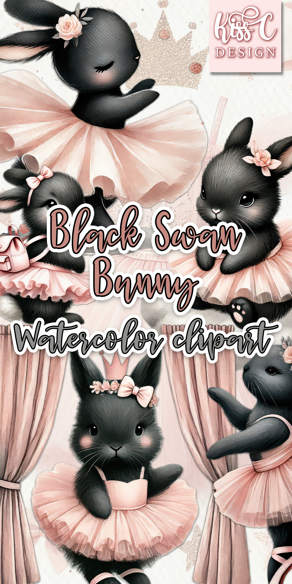 Black Swan Bunny Ballet Watercolor Clipart.