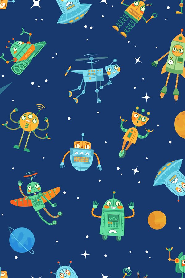 Seamless space robots pattern. Cute robot in space with star
