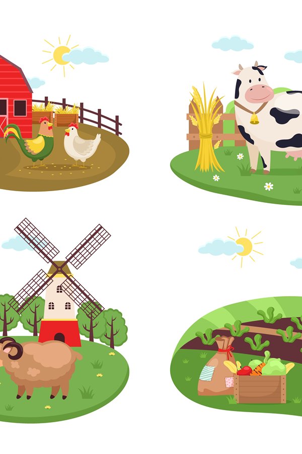 Farm scenes. Rural nature farming and animal husbandry, agri