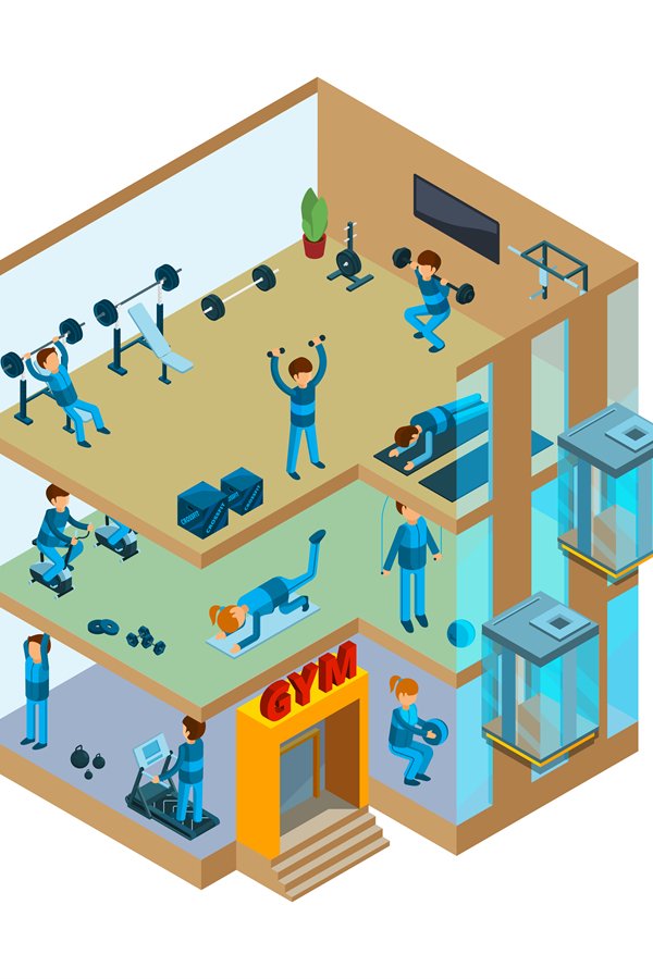 Fitness center interior. Gym sport club with classes for exe
