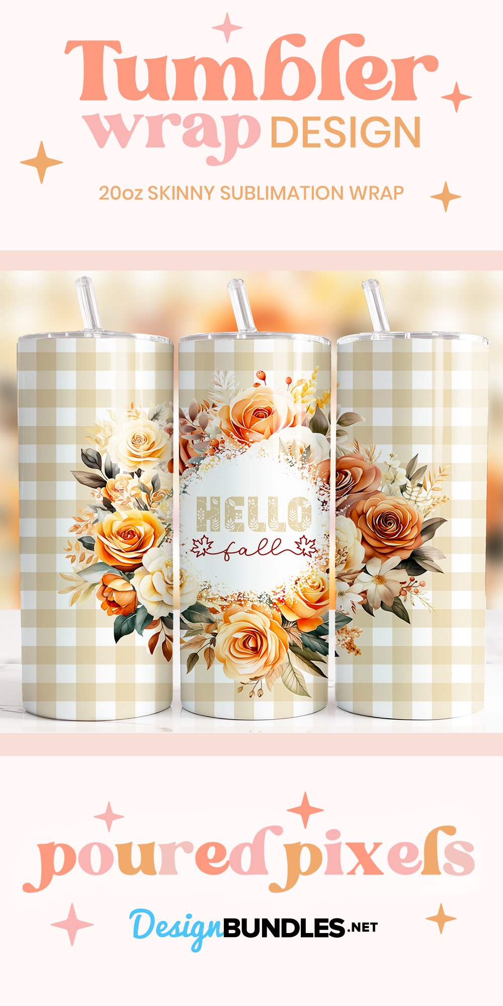 Hello Fall Beige Gingham Tumbler Wrap Design