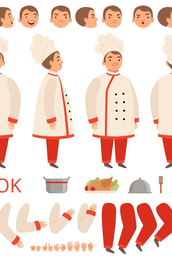 Cook animation. Chef characters body parts hands arms head a